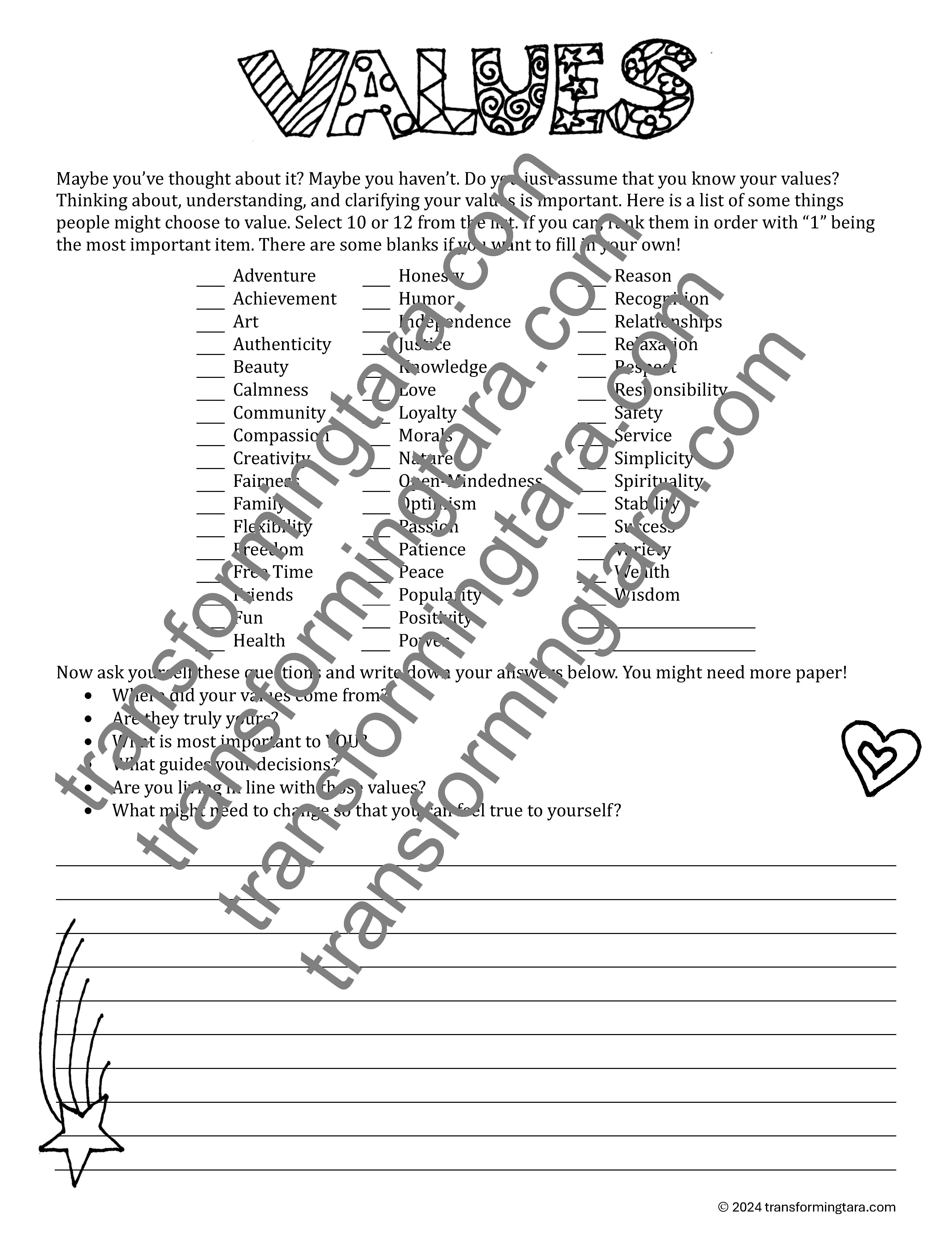 Values Worksheet & Short Journal Entry • Transforming Tara